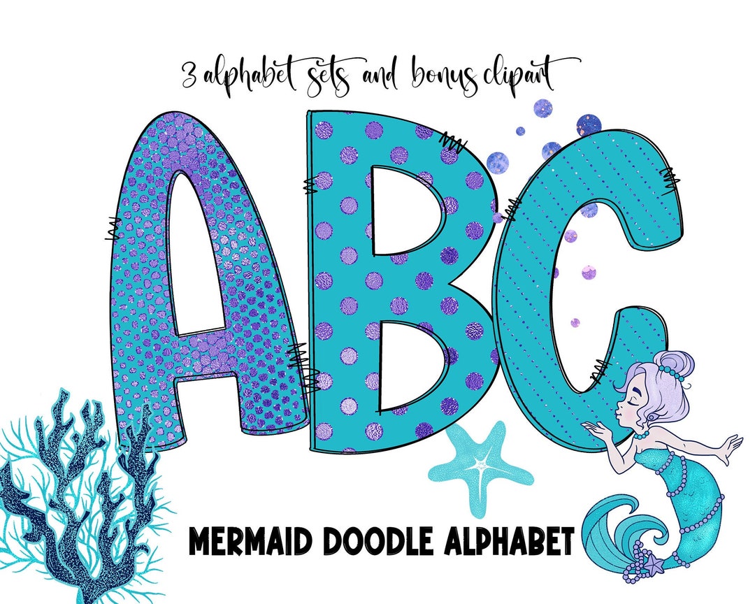 Mermaid Doodle Alphabet PNG: Teal, Violet, Glitter (digital Download ...
