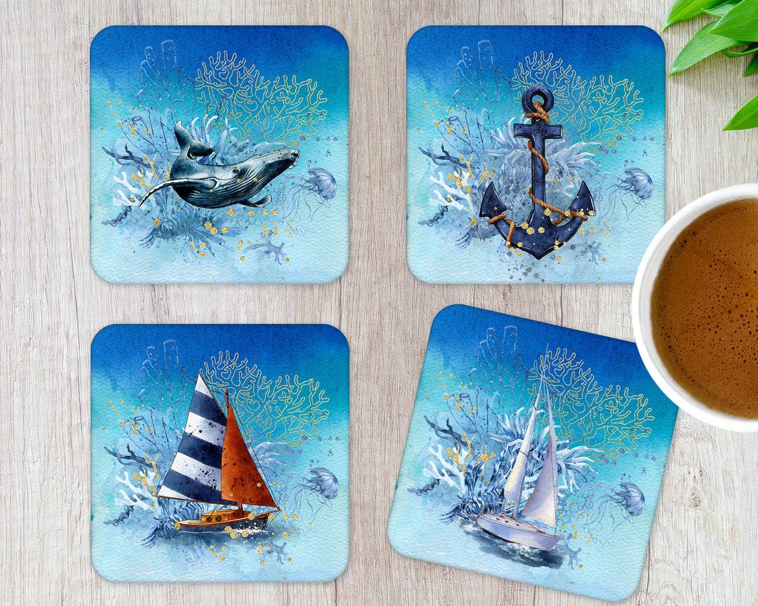 Nautical 4 DESIGNS for Coasters Ocean Sea Ship Underwater Marine Life ...