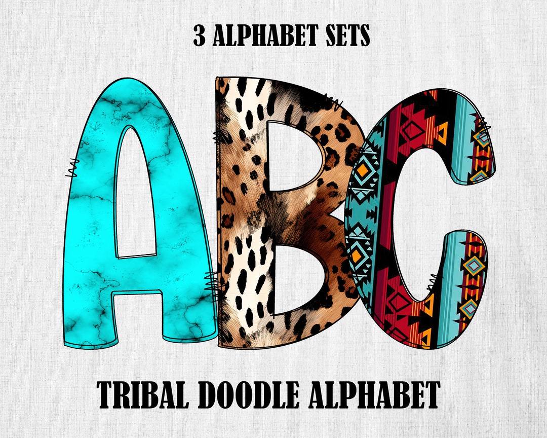 Tribal Western Doodle Letters Alphabet PNG Turquoise Cowhide-leopard ...