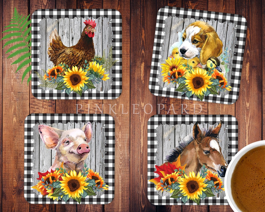 Farm Animals 4 DESIGNS Square Coasters Grunge Wood TEMPLATES Horse ...