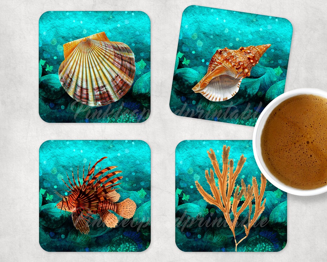 Ocean Sea Seashell Corals 4 DESIGNS Square Coasters Retro Sea Vintage ...
