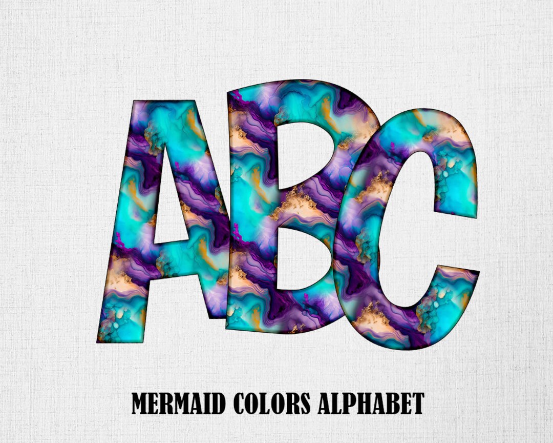Mermaid Colors Alphabet PNG Teal Purple Golden Glitter Letters ...
