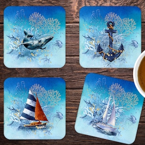 Nautical 4 DESIGNS for Coasters Ocean Sea Ship Underwater Marine Life ...