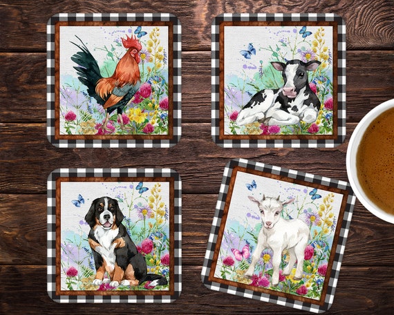 Farm Animals 4 DESIGNS for Coasters Farm Life Flowers Cow Dog - Etsy
