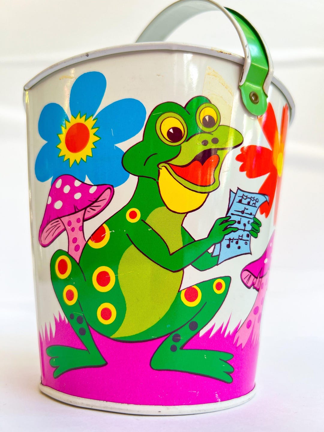 Vintage Midcentury Childs Tin Pail, 1950s-1960s, Frogs, Flowers ...