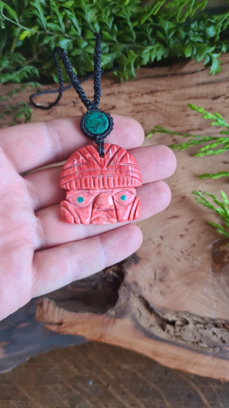 Ancestor Face Spondylus Shell and Chrysocolla Slice Macrame Necklace ...