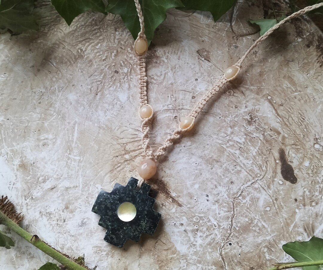 Green Serpentine Stone Chakana Incan Cross Necklace With Shell Inlay ...