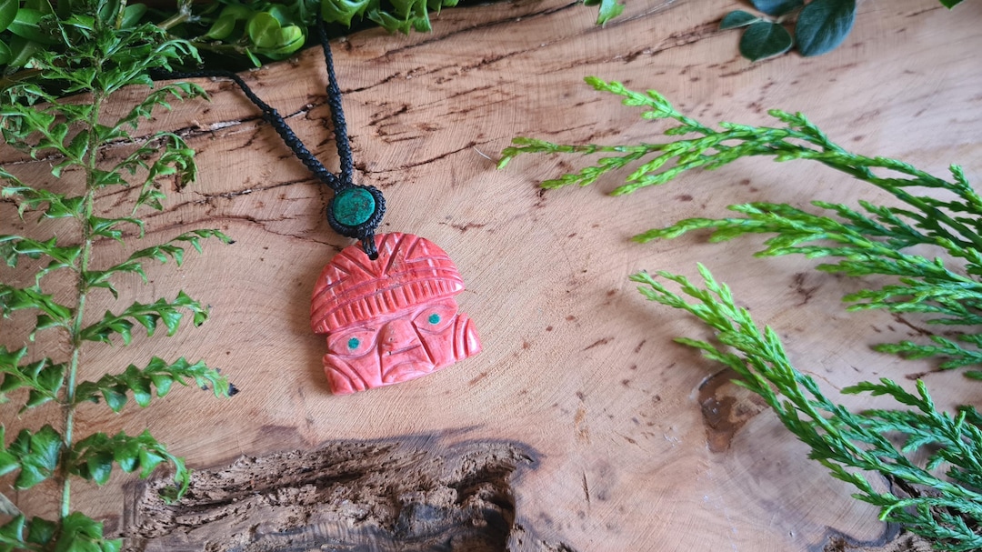 Ancestor Face Spondylus Shell and Chrysocolla Slice Macrame Necklace ...