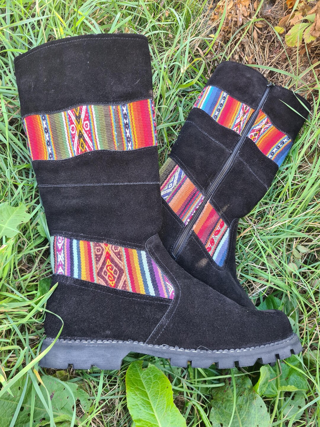 Peruvian Print Boots With Traditional Fabric in Black Suede Lined ...