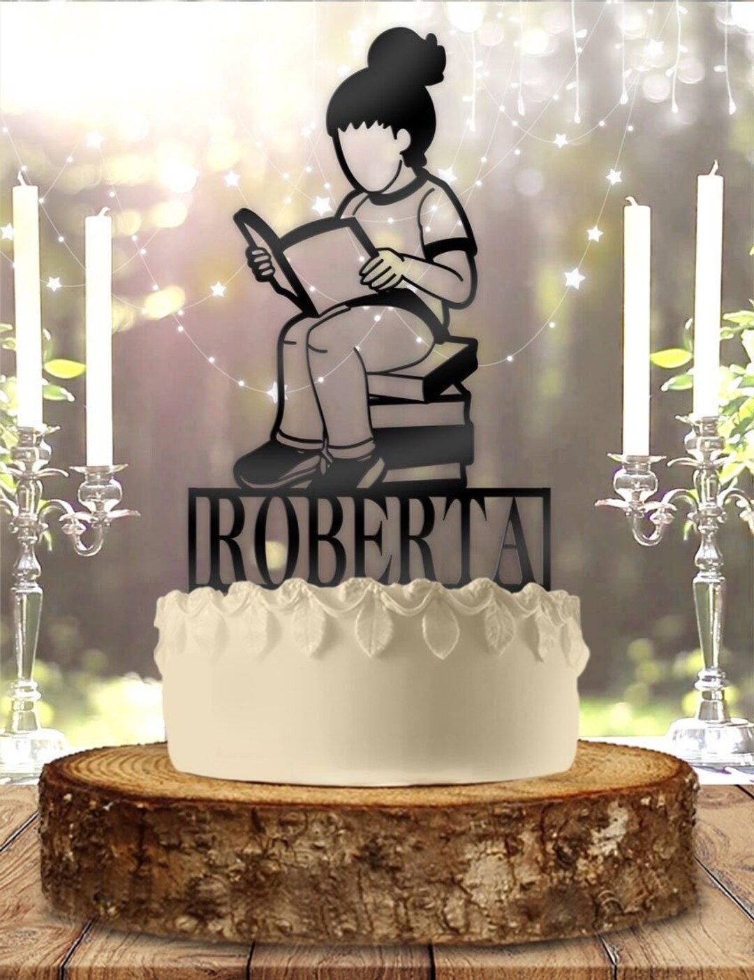 Girl Reading on Book With Name Birthday Cake Topper - Etsy