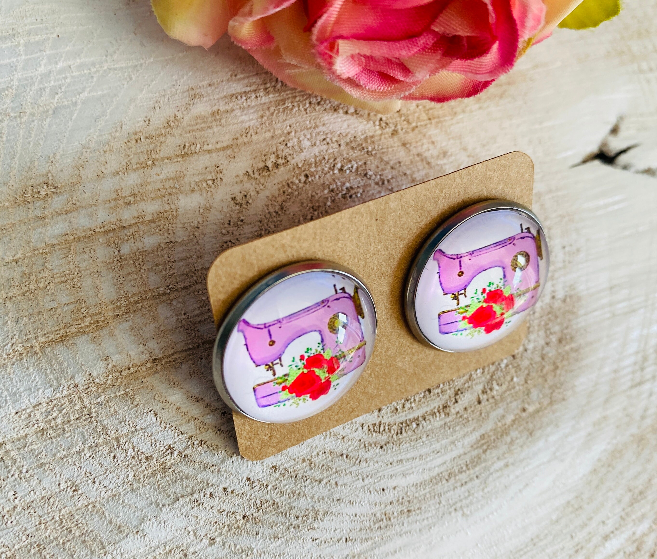 Stud Earrings "sewing Machine" 18 Mm Cabachons, Needle, Fabric, Hobby ...