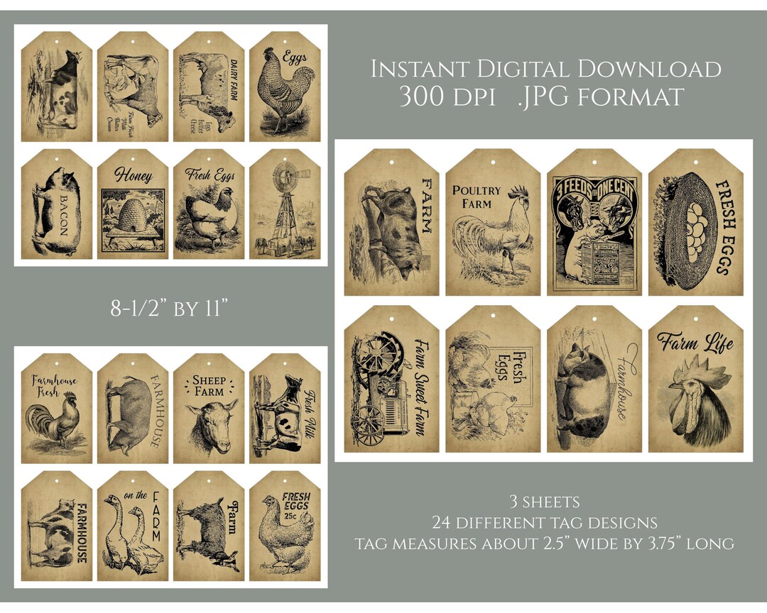 Farmhouse Animal Tags Printables, Distressed Country Labels (digital ...