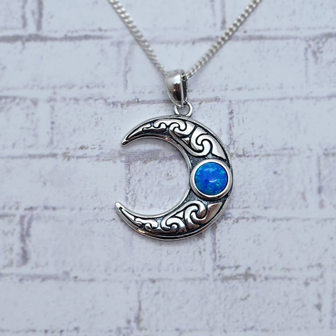 Sterling Silver Celtic Opal Necklace / Blue Opal Crescent Moon / Celtic ...