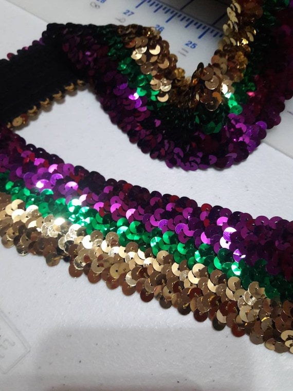 Mardi Gras 5 Row Elastic Sequin Trim Purple Green and Gold | Etsy