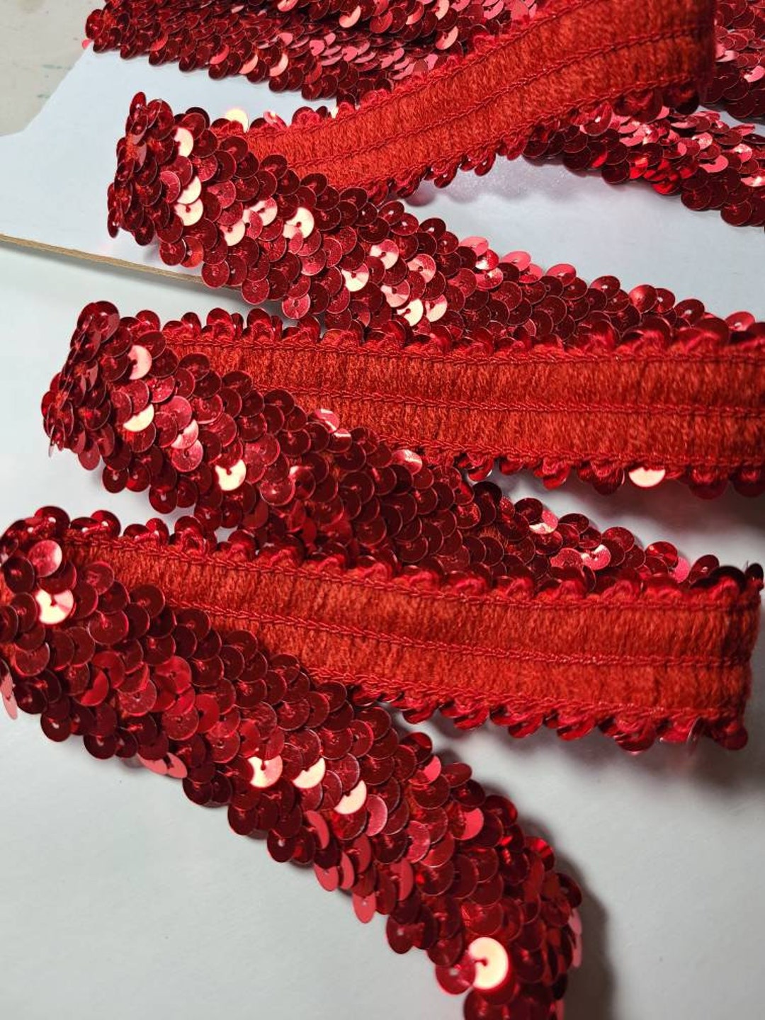 Red 3 Row Elastic Sequin Trim Metallic Red Strecth Sequin Trim 1 Inch ...