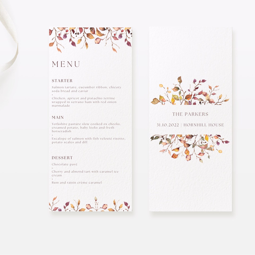 Autumn Wedding Menu | Dinner Menu Cards | Menu Card | Floral Menu ...
