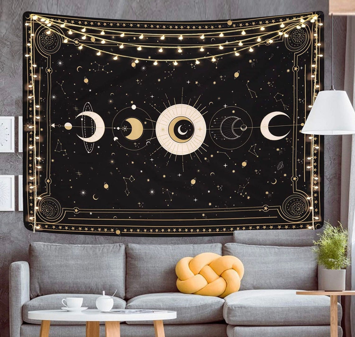 Psychedelic retro moon phase wall tapestry Mysterious Starry | Etsy