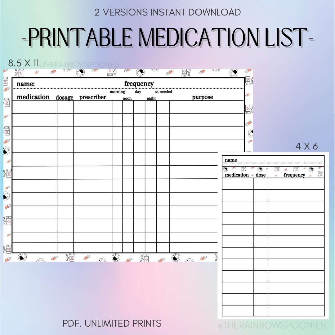 Printable Medication List Pdf Instant Download Chronic Illness - Etsy