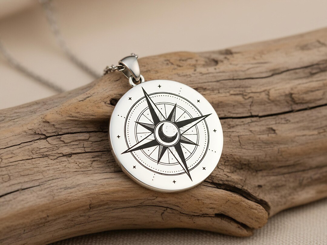 Personalized Compass Rose & Moon Necklace, Mens Stainless Steel Travel ...