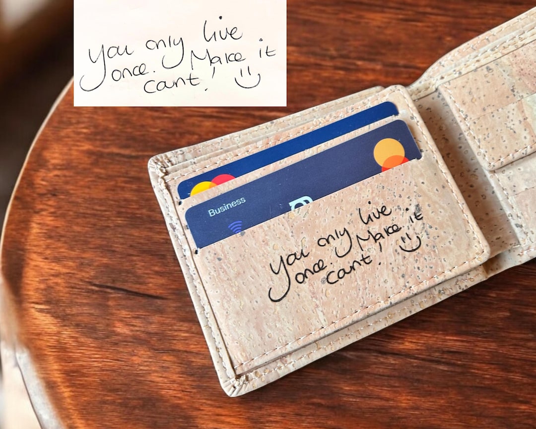 Engraved Handwriting Mens Cork Wallet, Personalized Trifold Handwritten ...