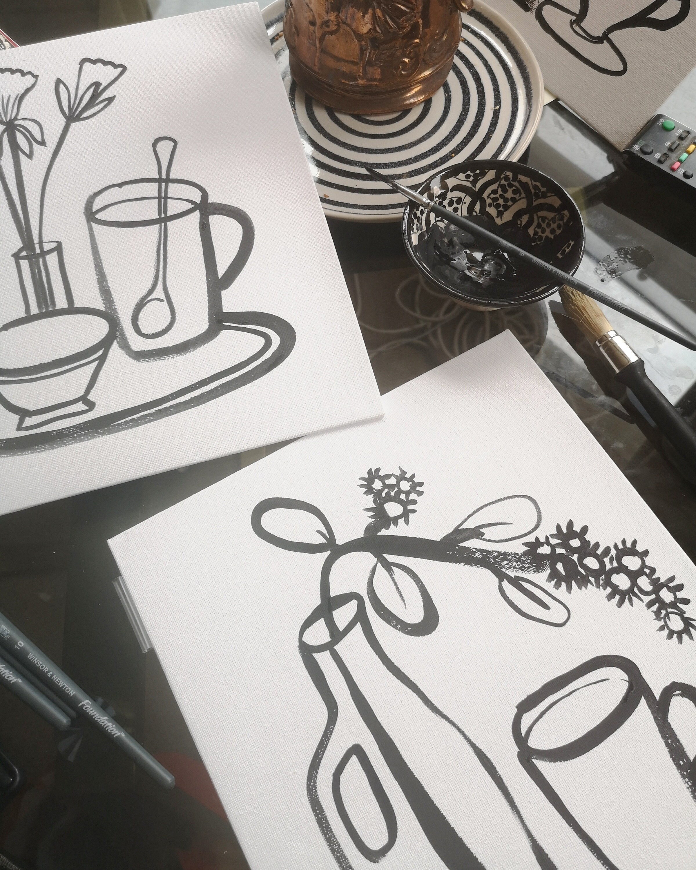 Black and White Acrylic Painting - Still Life With Paint Brushes and ...
