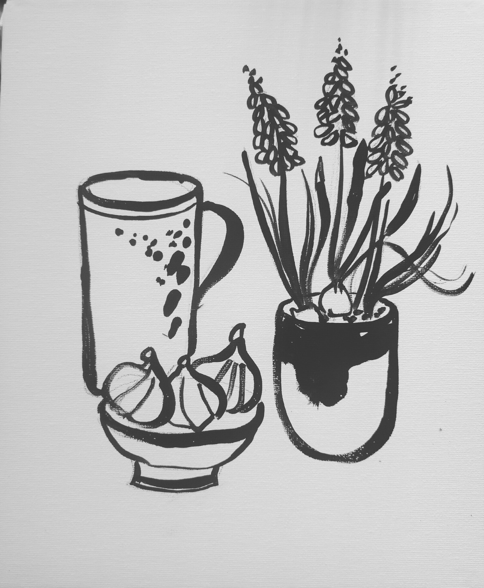 Black and White Still Life Painting Grape Hyacinths and Garlic - Etsy