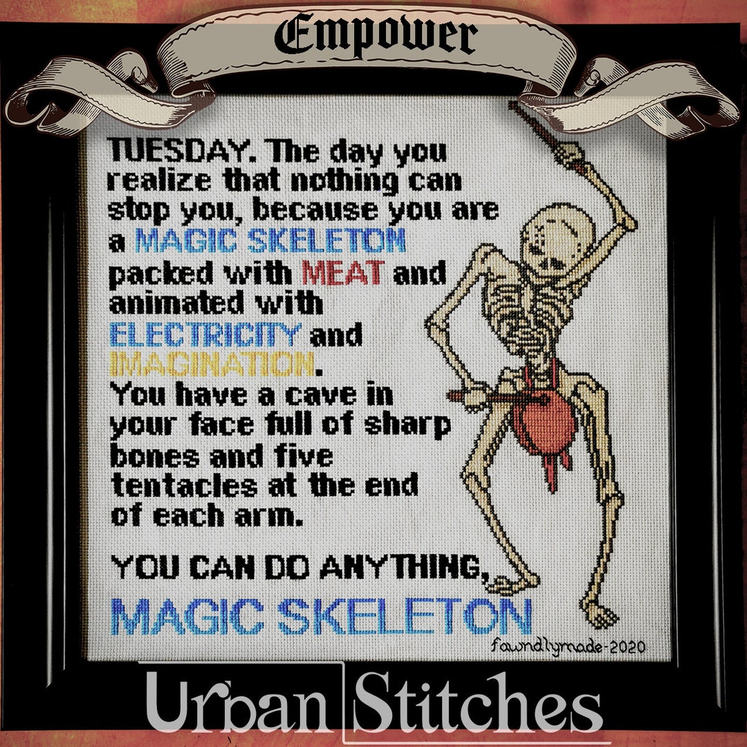Magic Skeleton Quote - Medieval Gothic Cross Stitch Chart - Dancing ...