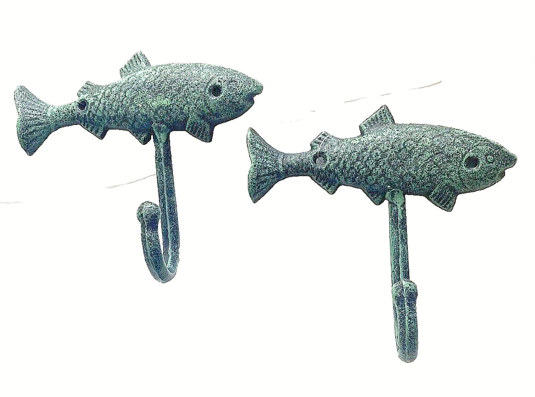 Two Fish Wall Hooks Cast Iron Verdigris 5.5" H X 6" L Hang Towels ...