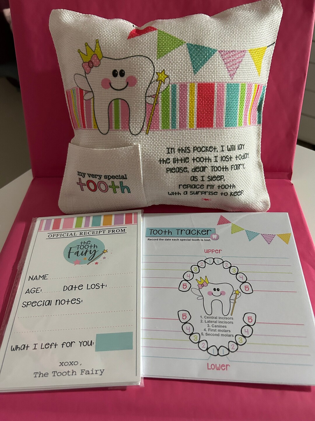 Child's Tooth Fairy Set With Pillow, Tooth Tracker and Receipt, Gifting ...