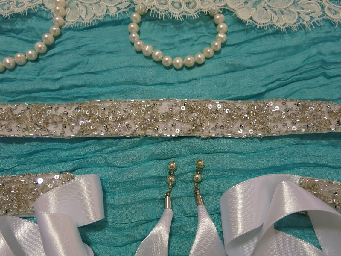 Silver Sequin & White Satin Bridal Sash / Belt - Etsy