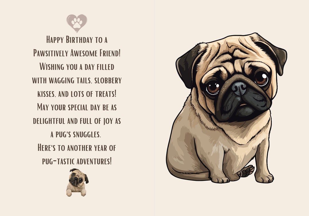 Pug Dog Birthday Card, Printable Pug Dog Birthday Card, Cute Pug ...