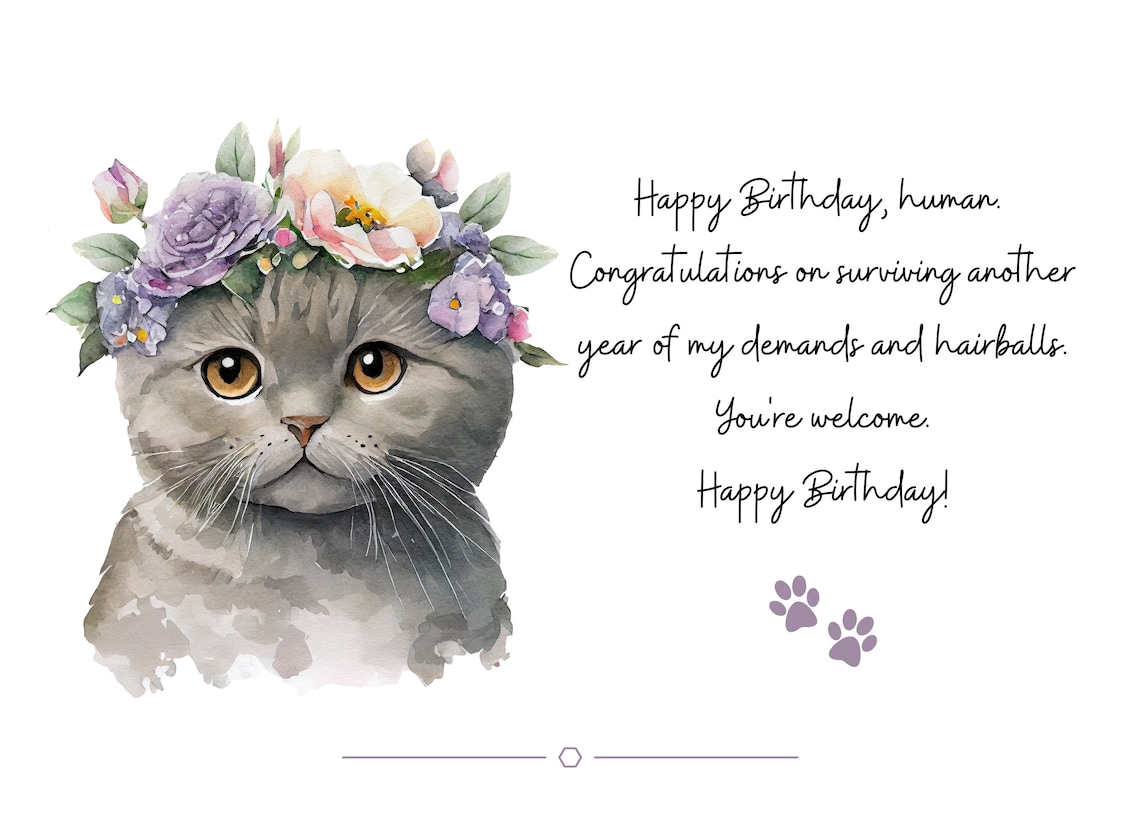 Handcrafted Printable Birthday Card for Cat Lovers, Funny Cat Birthday ...