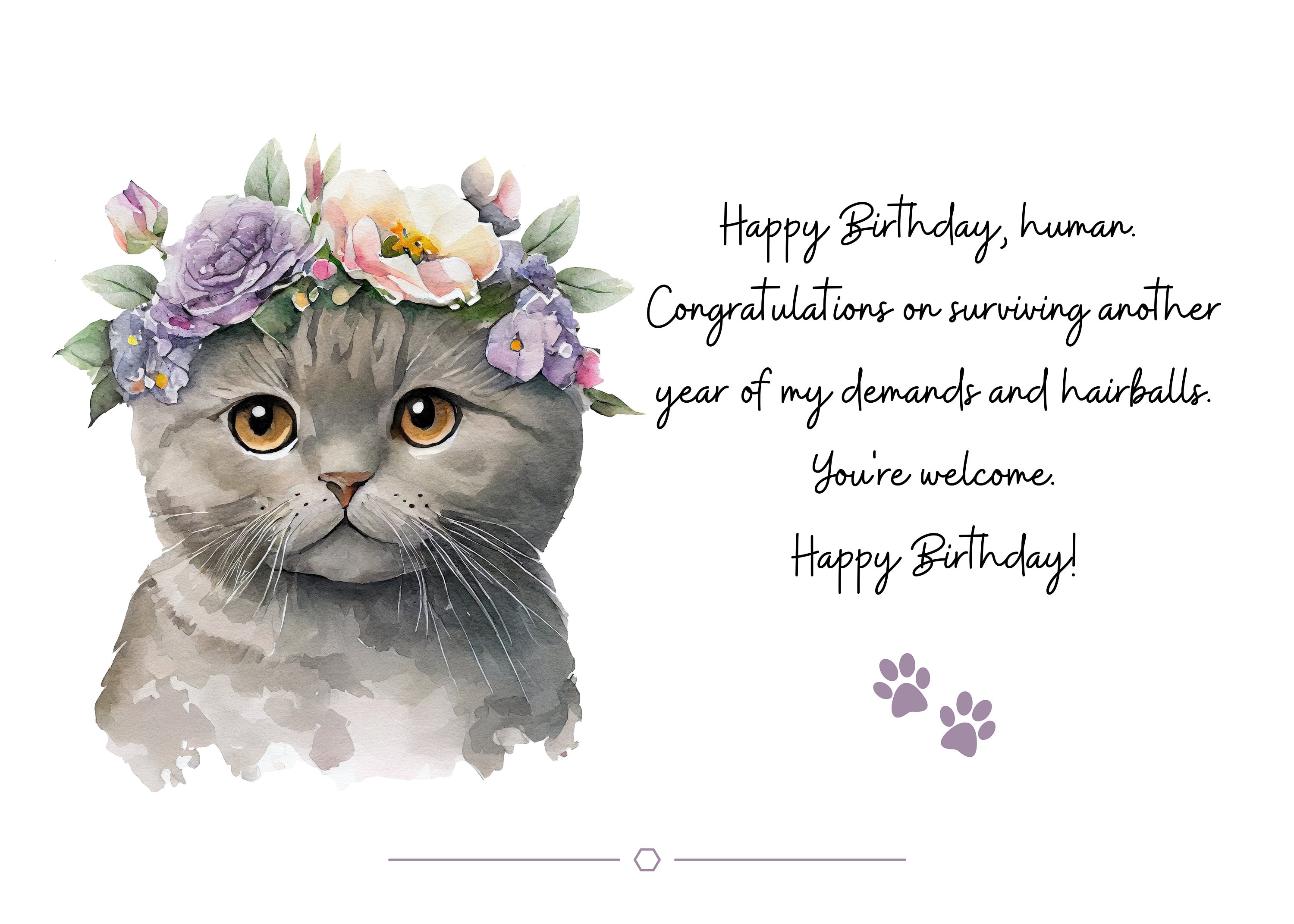 Handcrafted Printable Birthday Card for Cat Lovers, Funny Cat Birthday ...