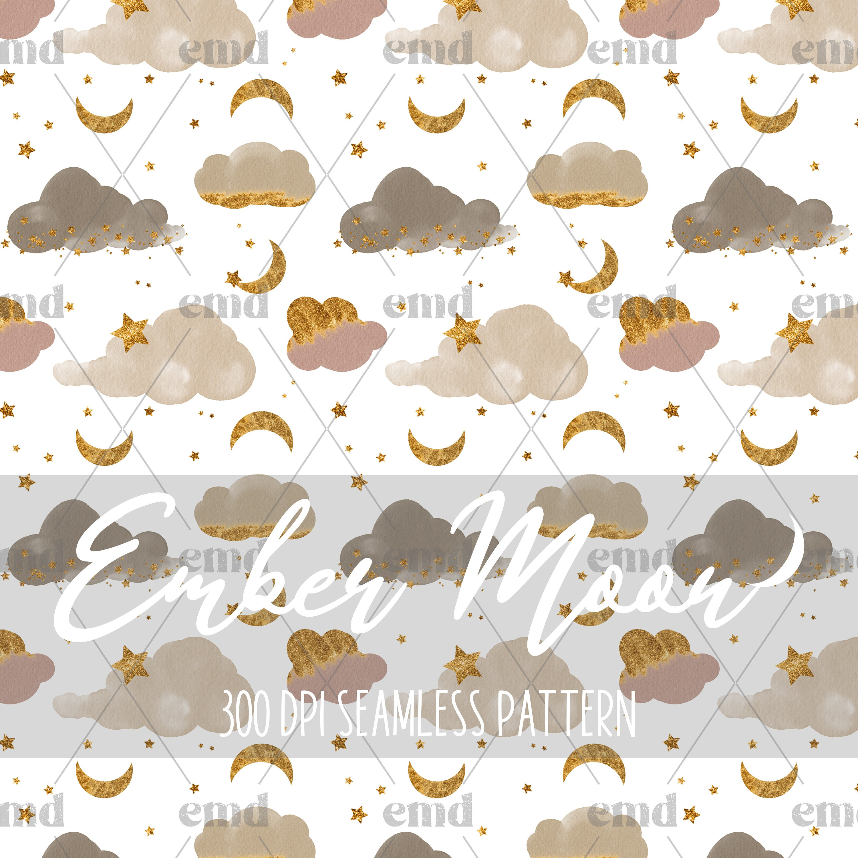 Rose Gold Clouds and Moons Seamless Patter, Boho Clouds, Moons, Stars ...