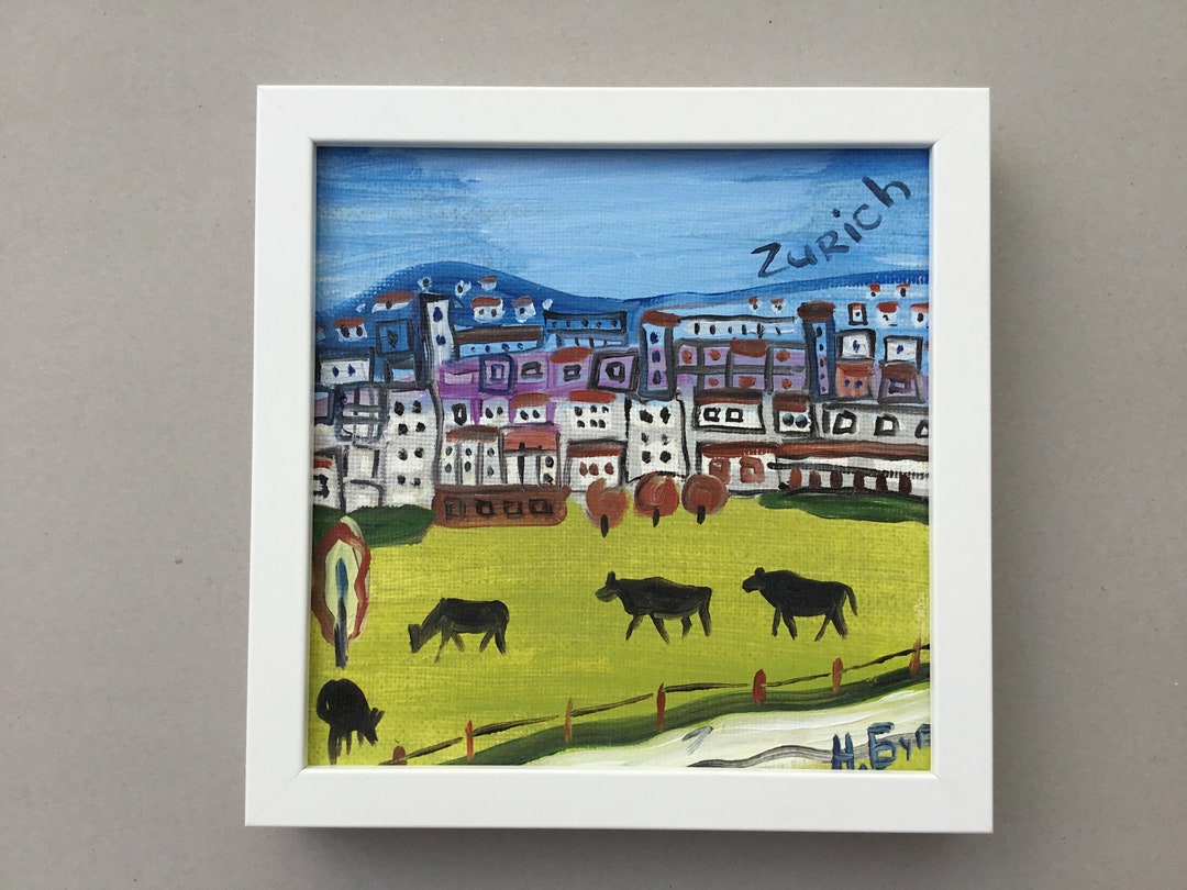 Zurich Oil Painting on Canvas, Switzerland Landscape, Blue Green Art ...