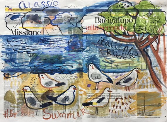 Original Painting on Newspaper Modern Art Aquarelle From - Etsy