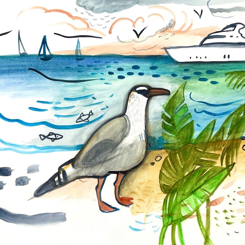 Watercolor Seascape, Seagulls Painting Original, Ligurian Sea ...