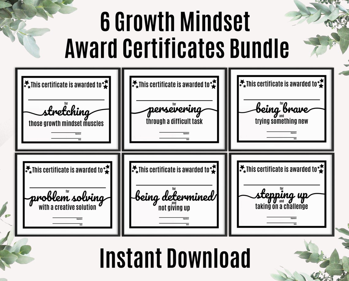 6 Growth Mindset Printable Classroom Award Certificates Bundle ...