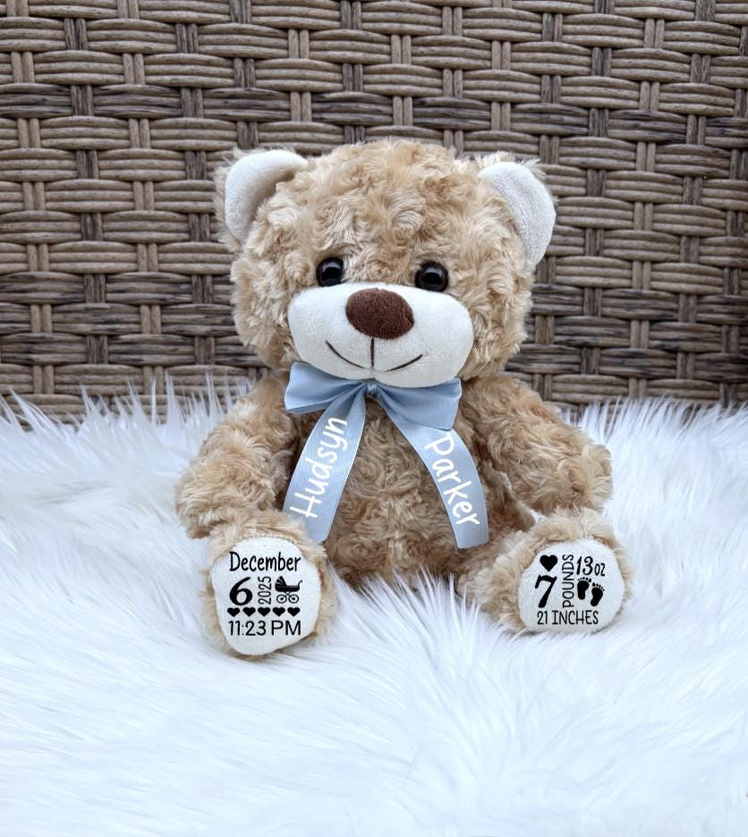 Teddy Bear Birth Stats Stuffed Animal, Personalized Plush Bear Birth ...