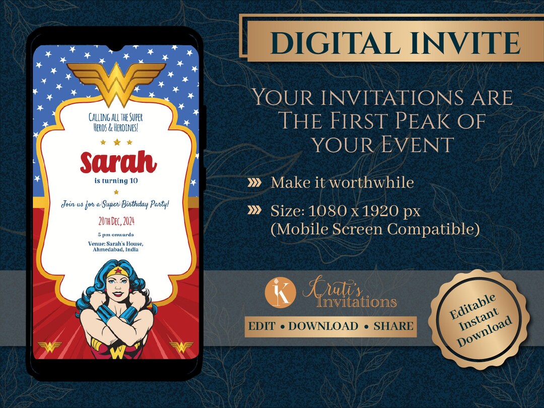 Wonder Woman Birthday Invitation | Wonder Woman Themed Bday Invitation ...