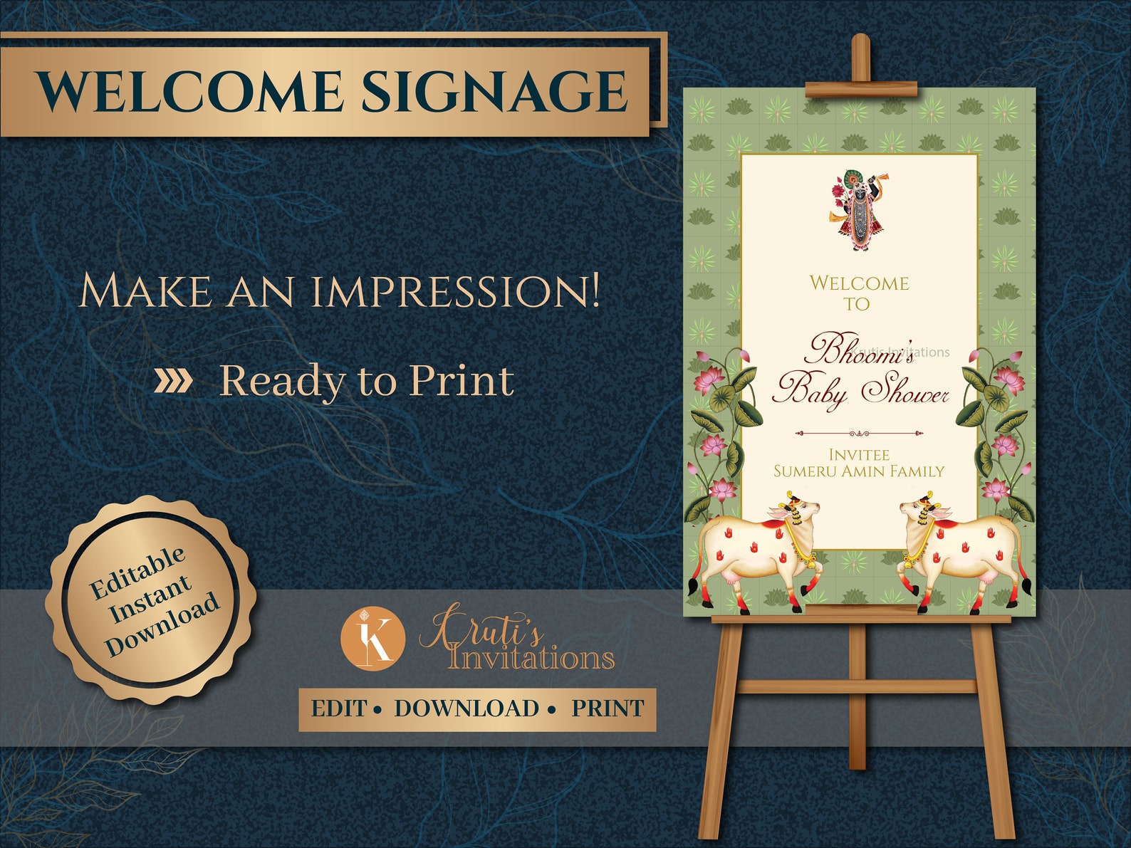 Pichwai Baby Shower Welcome Sign: Indian Theme (24x36" Digital Download ...