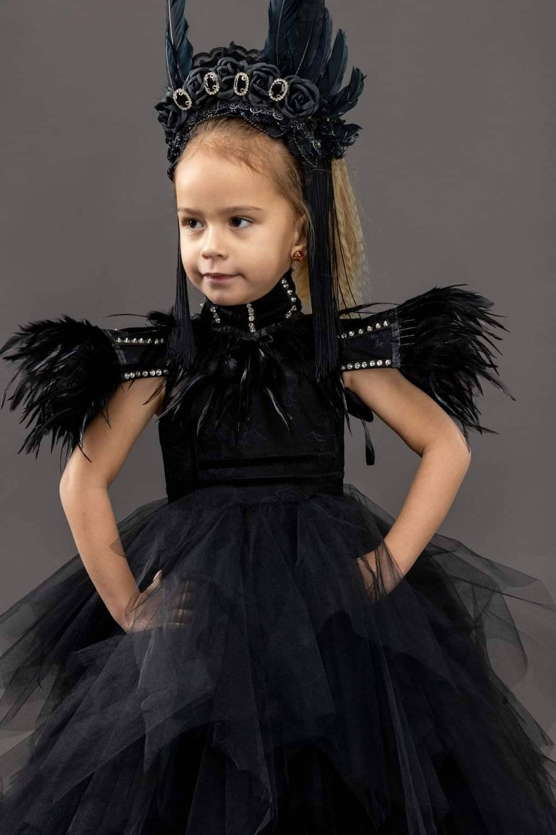 Kaiah Black Gothic Style Tulle Gown With Broad Shoulders and - Etsy
