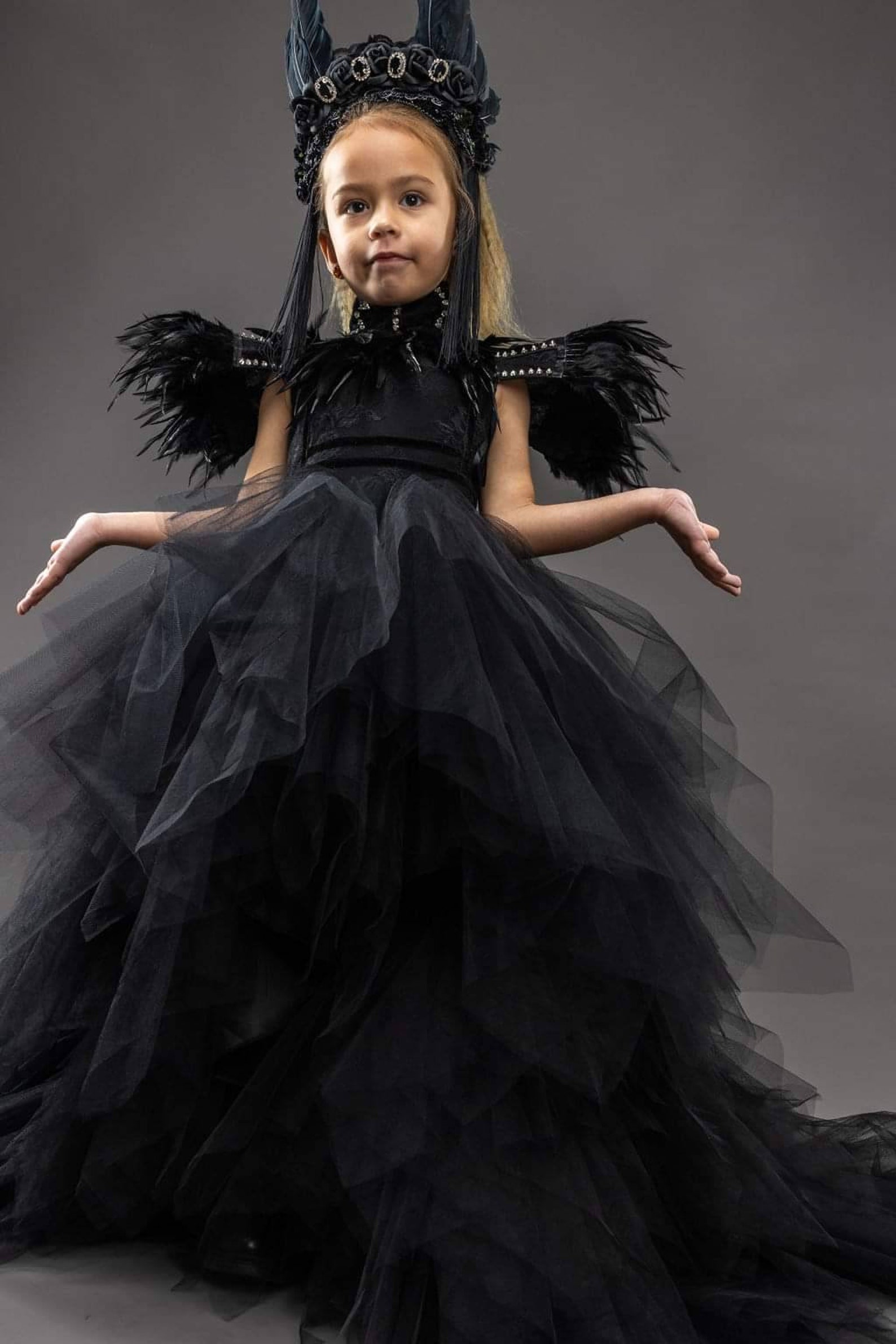Kaiah Black Gothic Style Tulle Gown With Broad Shoulders and - Etsy