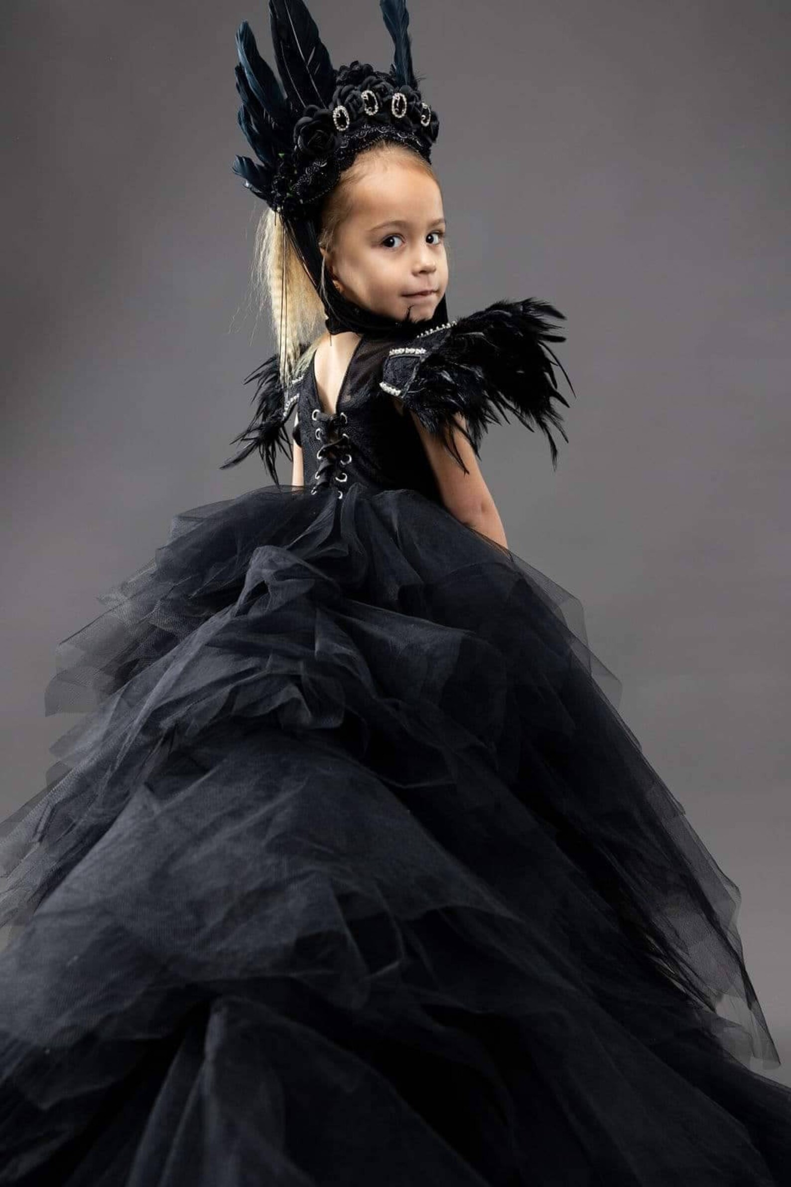 Kaiah Black Gothic Style Tulle Gown With Broad Shoulders and - Etsy