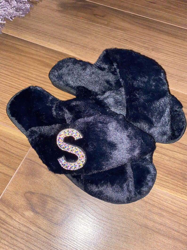 Black Fluffy Personalised Slippers - Etsy