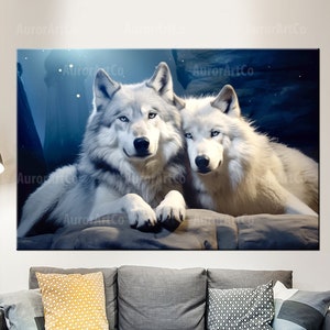 Wolves Couple Canvas, Wolf Love Painting Print, Pair of Wolves Wall ...