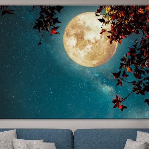 Full Moon Wall Art Night Sky Canvas Moon Retro Style Decor - Etsy