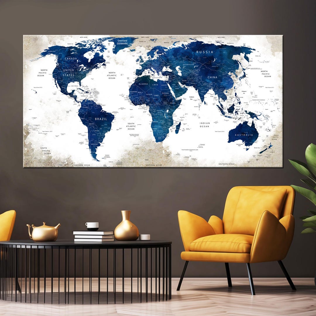 Dark Blue Watercolor World Map Canvas Print: Travel Decor - Etsy UK