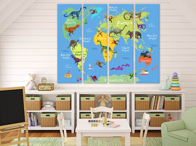 Dinosaurs World Map for Kids Cartoon Animal World Maps - Etsy