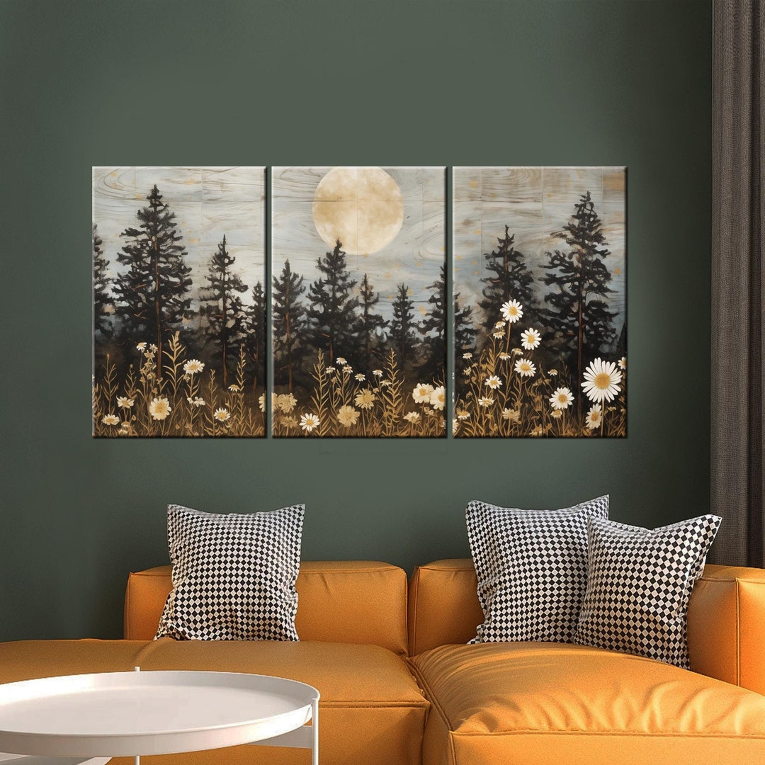 Moon Pine Tree Forest Canvas Print Wall Art, Wildflower Forest Wall ...